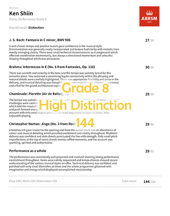 High Distinction / Overall Outstanding Achievements – My Piano Teacher
